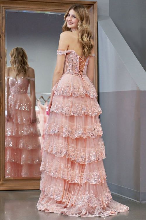 Capri | A-Line Lace Off-the-Shoulder Tiered Long Prom Dress with Slit