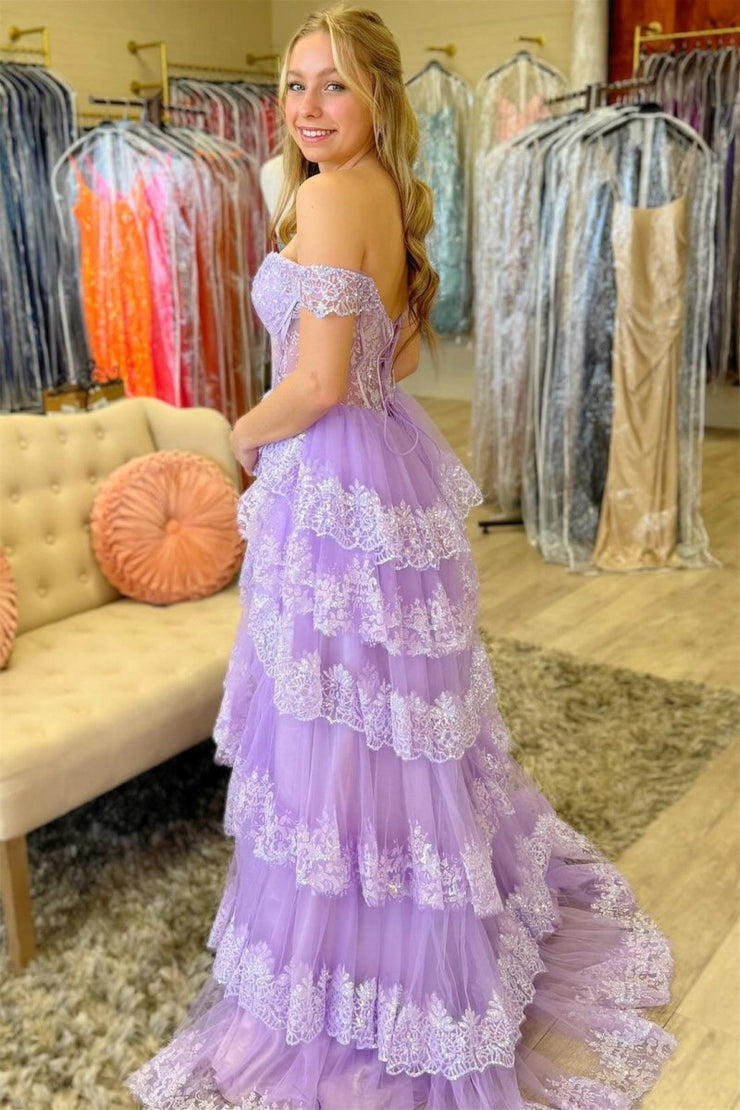 Ceryn | Pink Sequin Appliques Off-the-Shoulder Ruffle Tiered Long Gown – KissProm