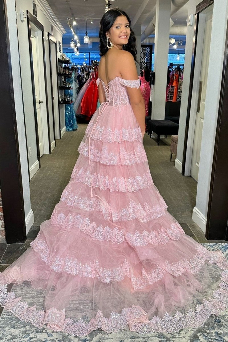 Ceryn | Pink Sequin Appliques Off-the-Shoulder Ruffle Tiered Long Gown – KissProm
