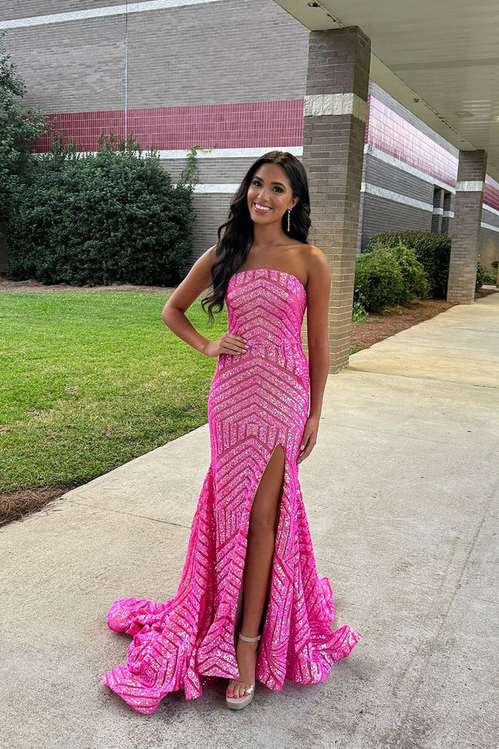 Halcyon | Mermaid Hot Pink Sequins Strapless Prom Dresses with Slit