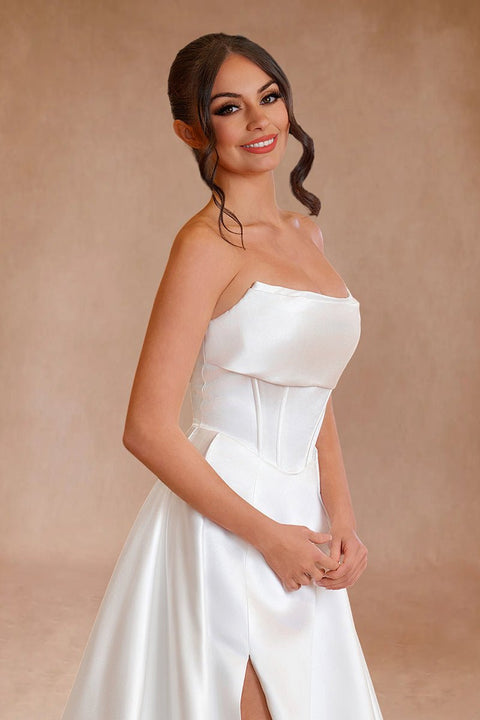 Lenny | White Strapless Satin A-Line Wedding Dresses – KissProm