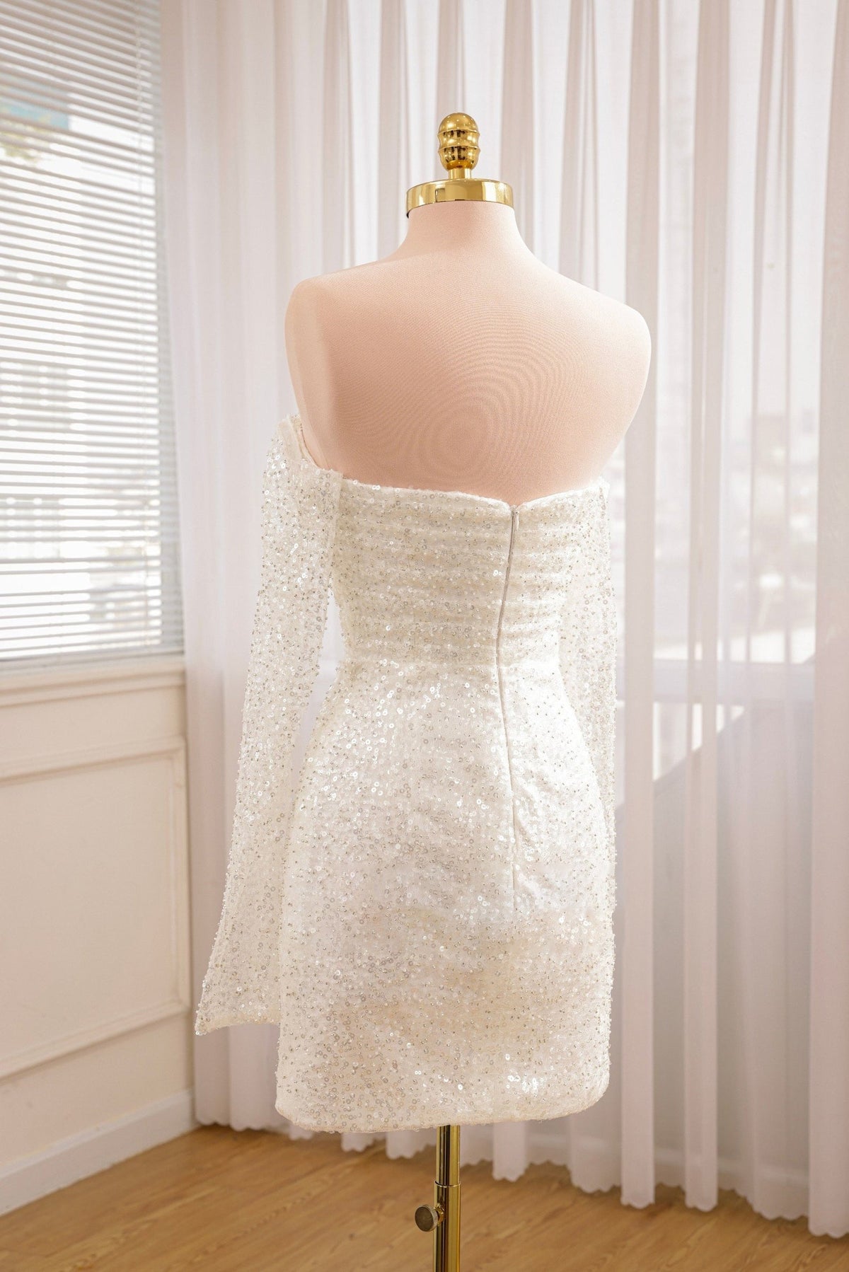 Chic Short Beaded Wedding Dress With Long Detachable Sleeves | KissProm