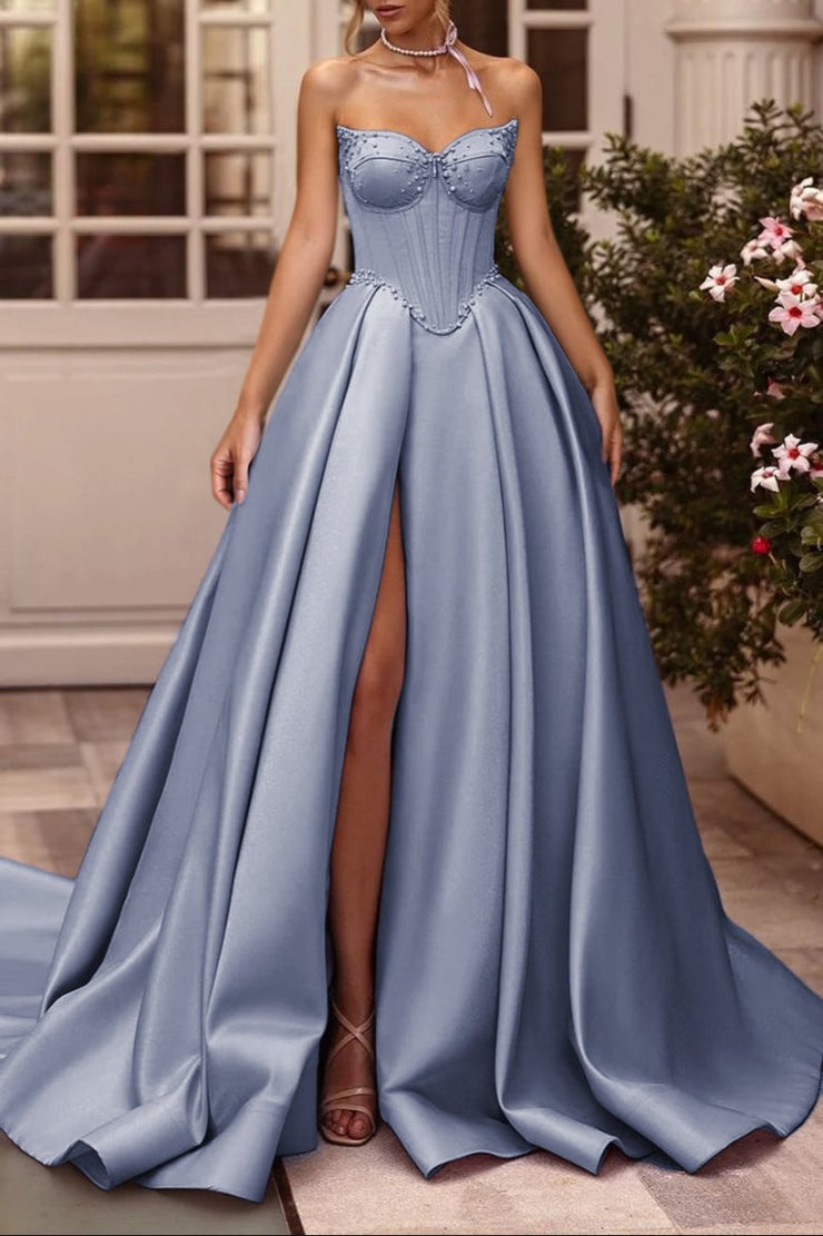 Deacon | A-Line Lilac Sweetheart Satin Long Corset Prom Dress with Sli ...