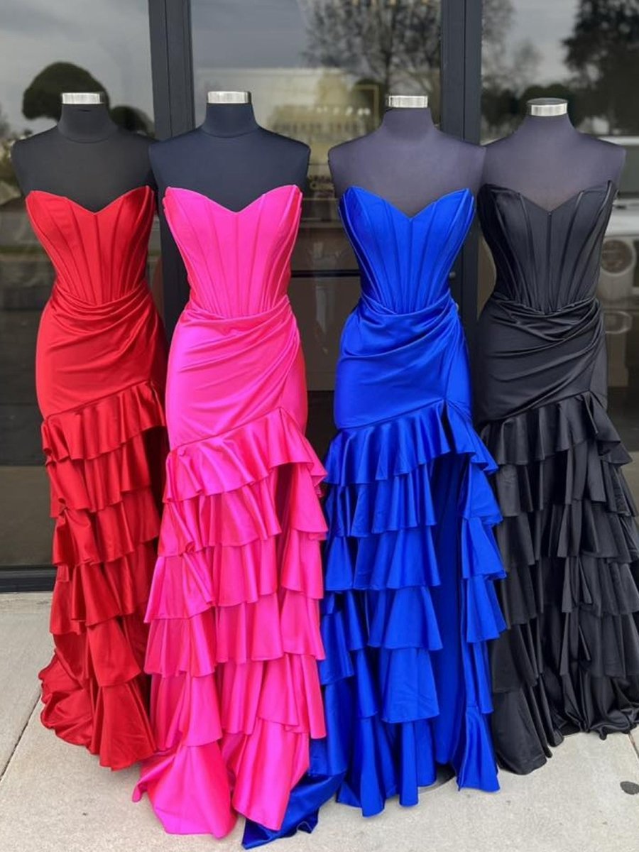 Diya | Mermaid Strapless Satin Ruffle Long Prom Dress With Split – KissProm
