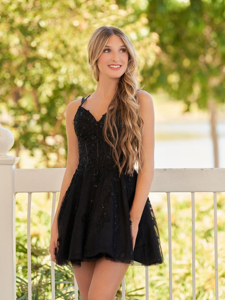 A-Line Lace Spaghetti-Straps Black short Homecoming Dress | KissProm
