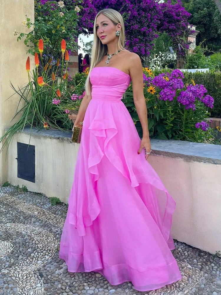 Elisa Light Pink A Line Strapless Organza Prom Dress