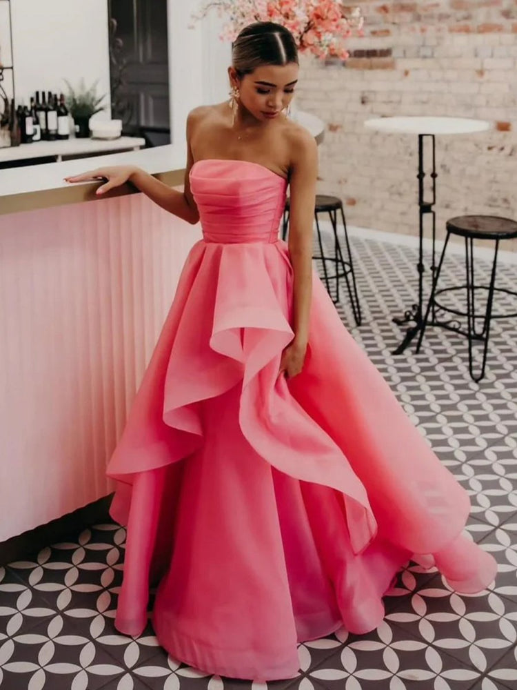 Elisa Light Pink A Line Strapless Organza Prom Dress