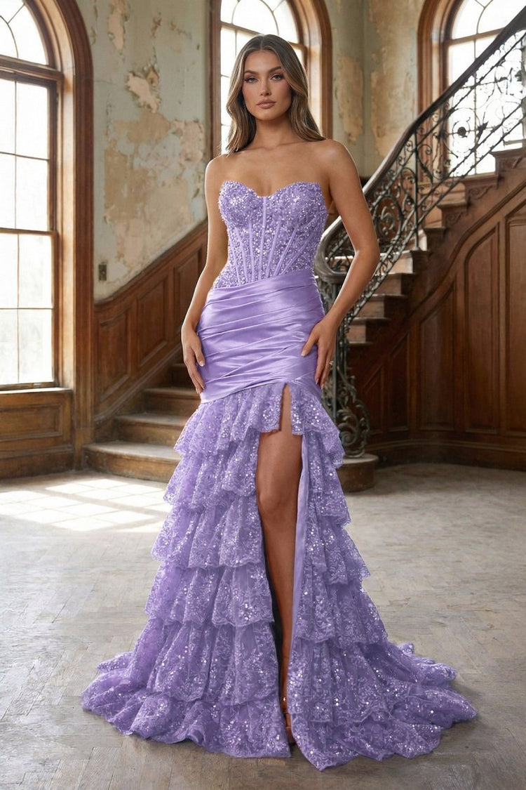 Red Strapless Sweetheart Mermaid Pleated Layered Long Prom Dress With
