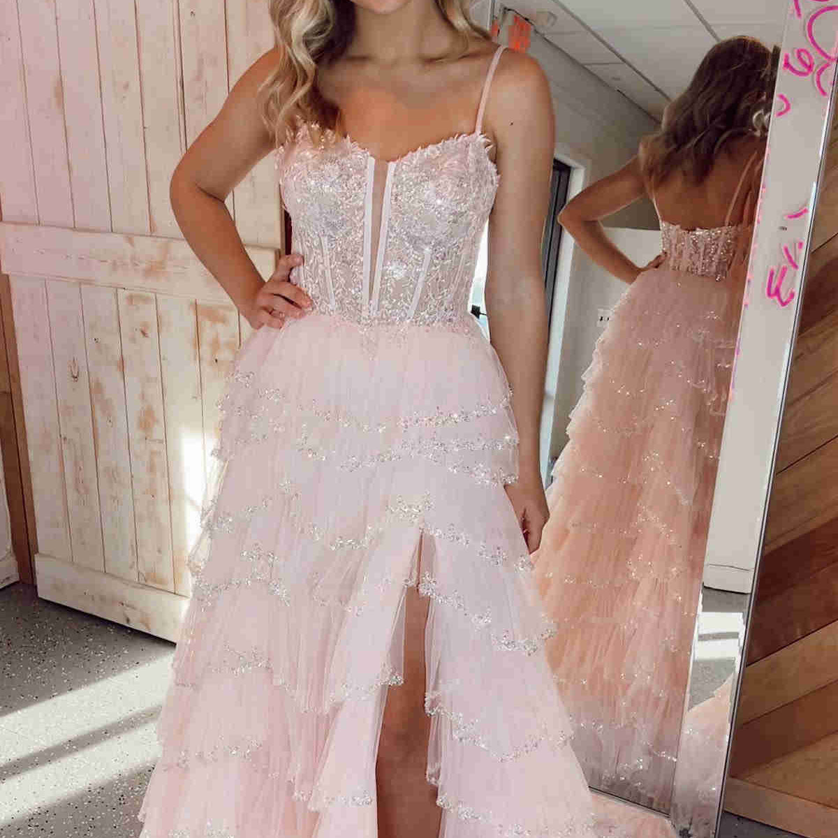 Abbie | Straps Black Mesh Cutout Sequined Layered Long Prom Dress ...