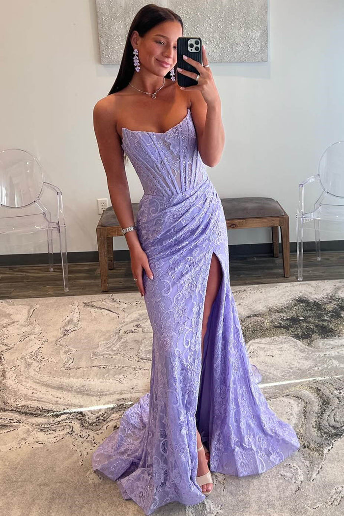 Mandy | Lavender Strapless Lace Ruched Mermaid Prom Dress with Slit ...
