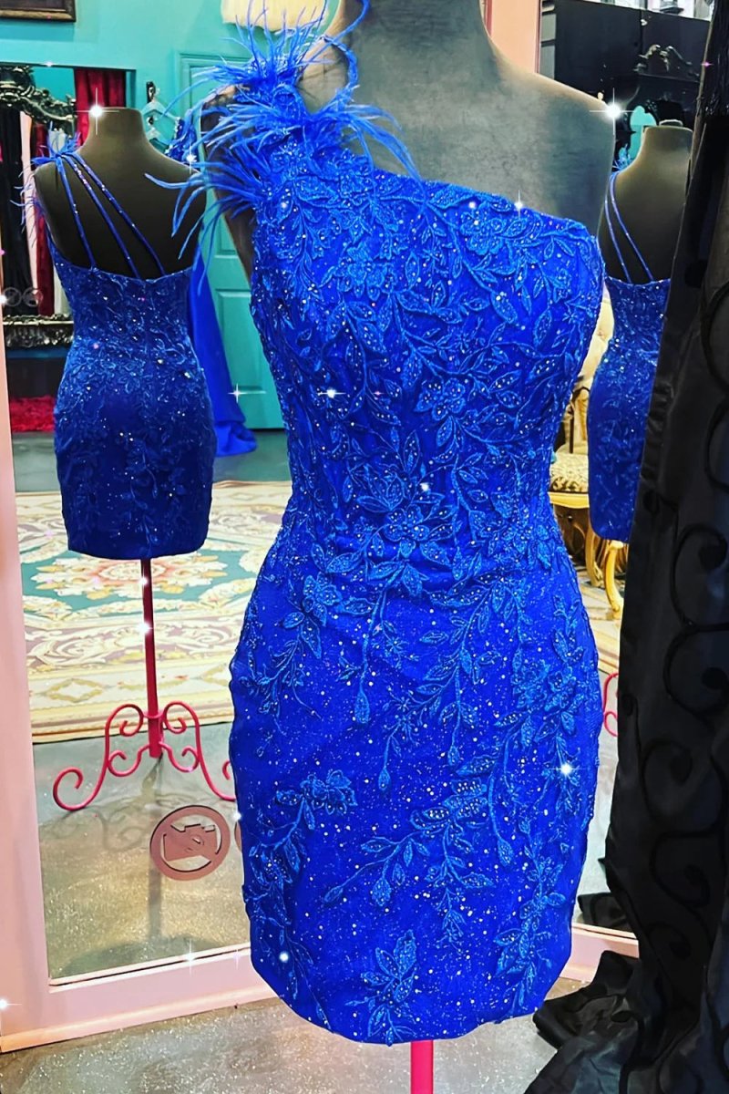 Glitter Royal Blue One Shoulder Lace Short Homecoming Dresses with Fea ...