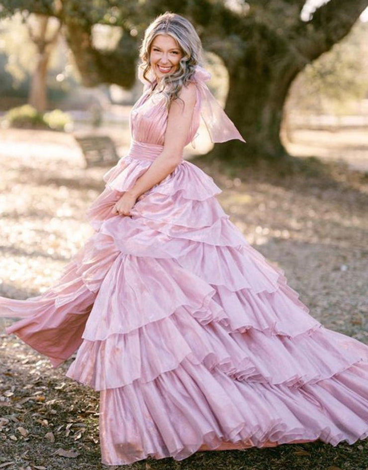 August | Glitter Tie Straps Pink Plunging Neck Tiered Long Prom Dress – KissProm