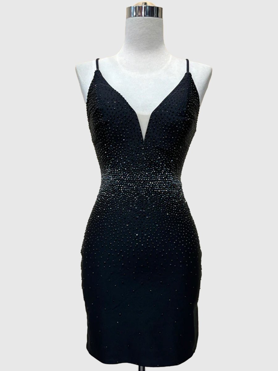 Jolene Short Black Sheath Beaded Satin Homecoming Dress with Side Slit ...