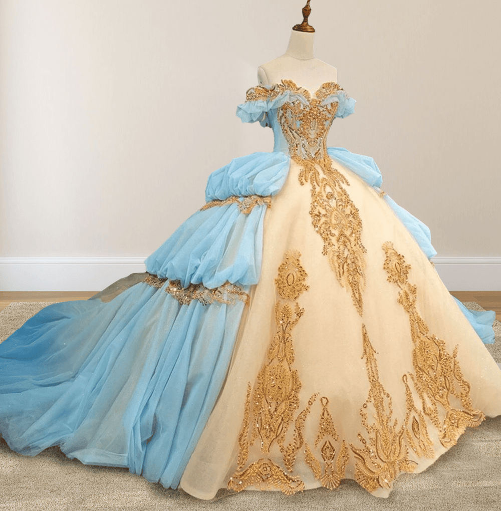 Hazeleigh | Gold Appliqued Double Colored Corset Back Quinceañera Dres