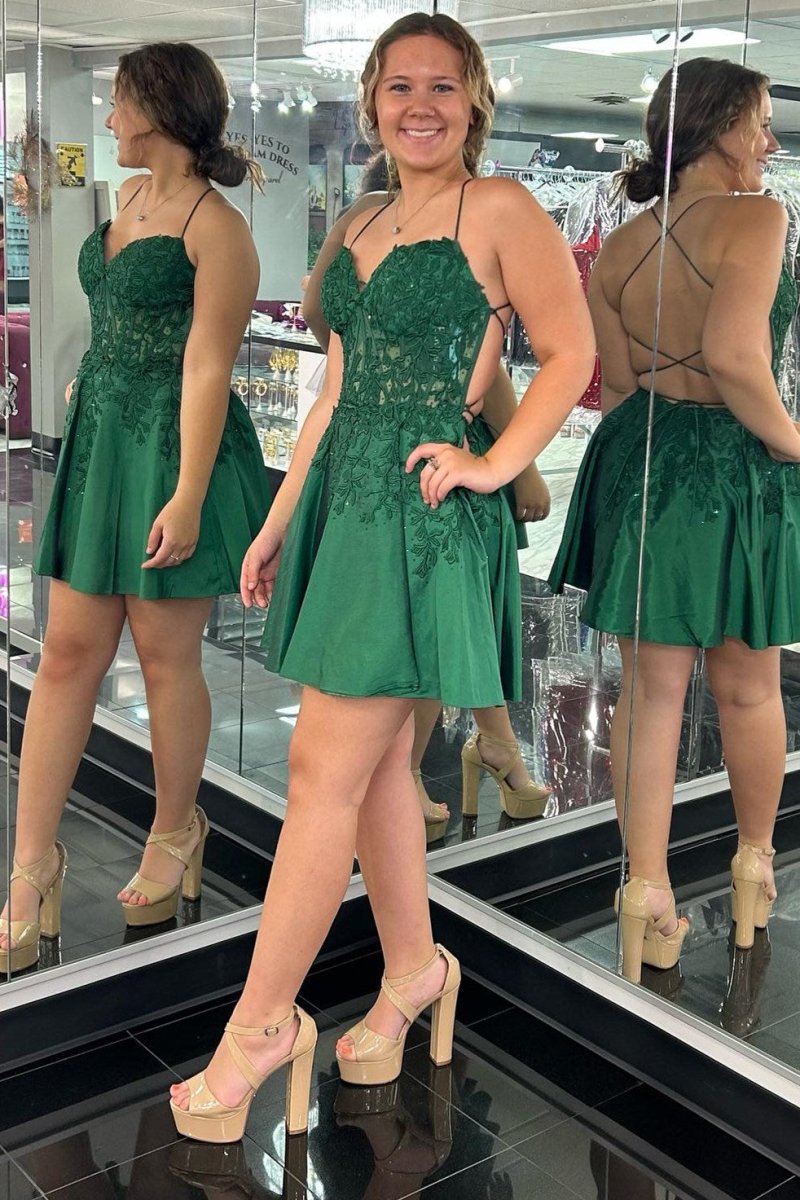 Green Appliques Sweetheart Lace-Up A-Line Short Party Dress | KissProm