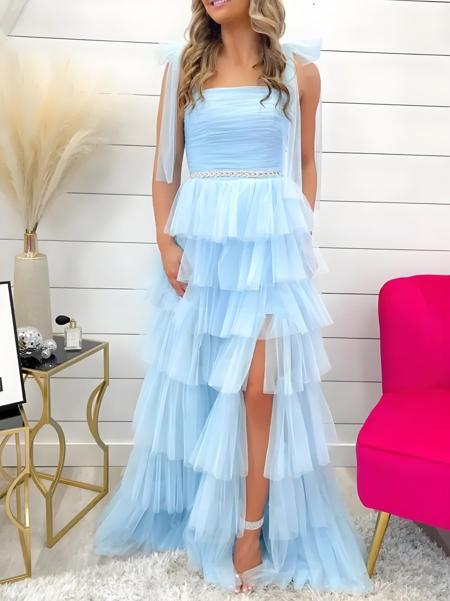 Houda | Light Blue Pleated Ruffle Prom Dress with Bow Tie Straps – KissProm