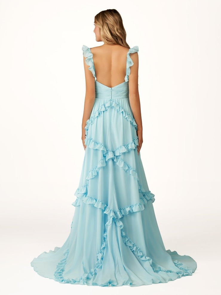 Hubery | A-Line Straps Sky Blue Chiffon Ruffles Long Prom Dress – KissProm