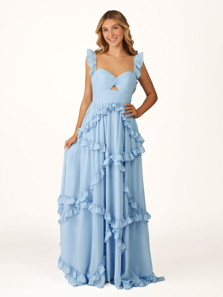 Hubery | A-Line Straps Sky Blue Chiffon Ruffles Long Prom Dress – KissProm