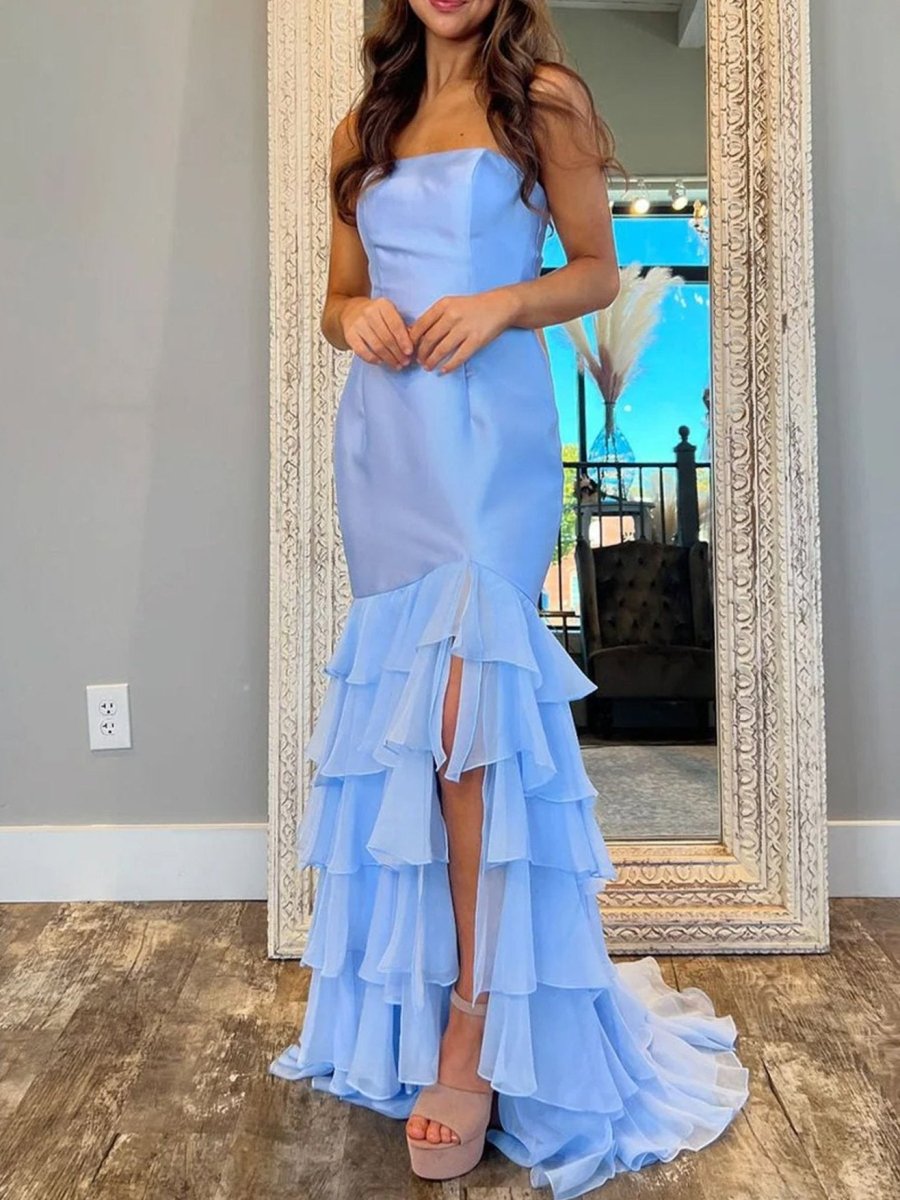 Ida | Sky Blue Mermaid Strapless Prom Dresses With Split – KissProm