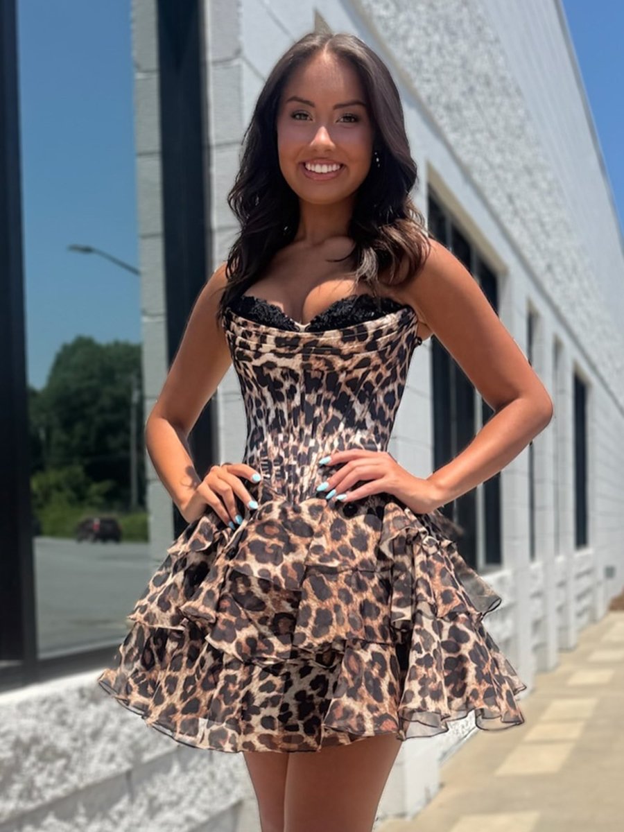 Leopard - Strapless Leopard Print Chiffon A Line Homecoming Dress With