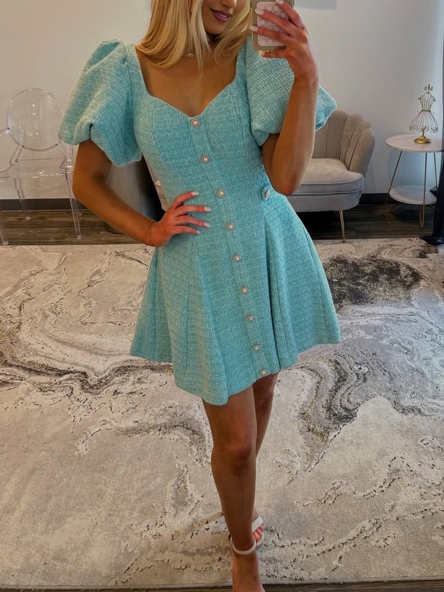Blue - A Line V Neck Textured Tweed Homecoming Dresses with Puffed Sle
