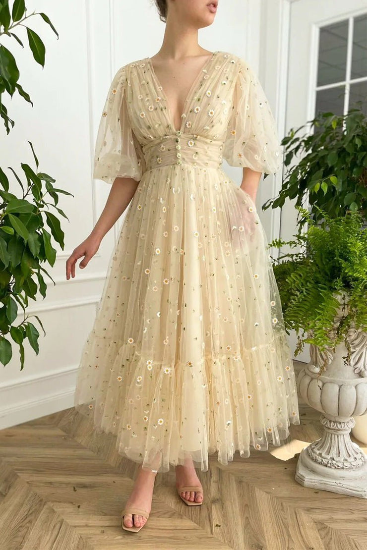 Elliott | A-line V Neck Sea of Daisies Dress Engagement Ankle Length H ...