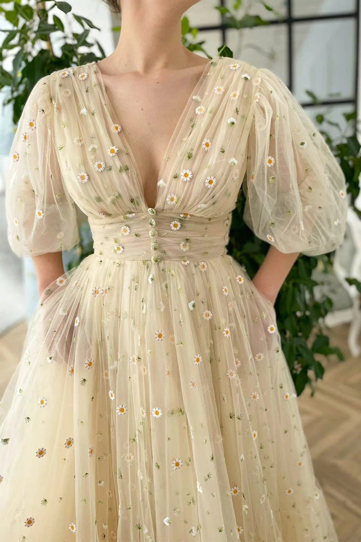 Elliott | A-line V Neck Sea of Daisies Dress Engagement Ankle Length H ...