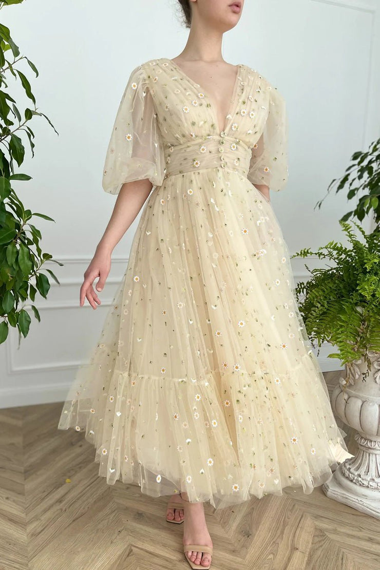 Elliott | A-line V Neck Sea of Daisies Dress Engagement Ankle Length H ...