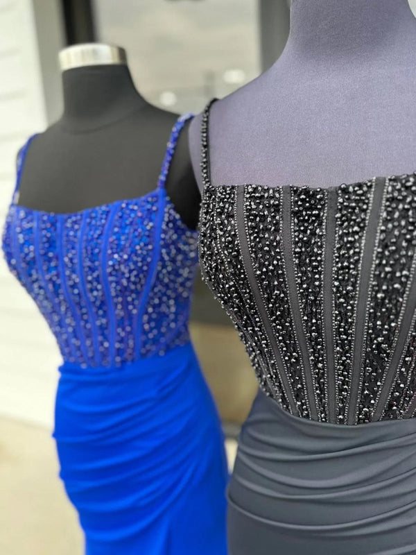 Mermaid Square Neck Red Beaded Long Prom Dress with Slit