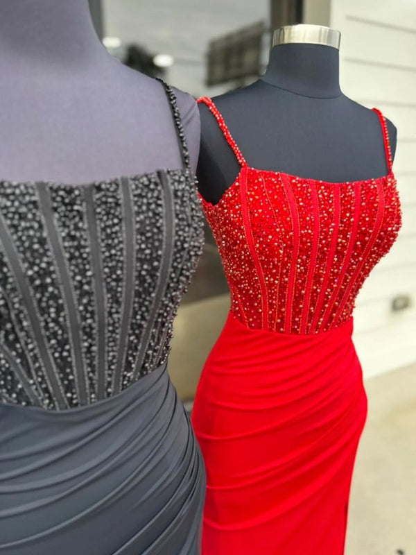 Mermaid Square Neck Red Beaded Long Prom Dress with Slit