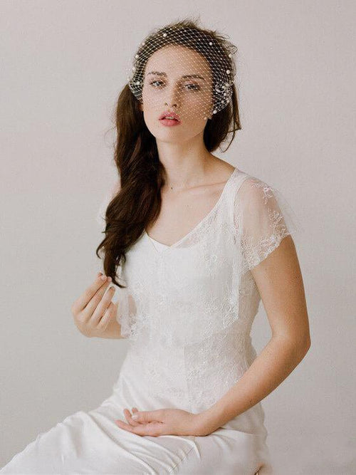 Ivory Mesh Birdcage Veils with Tiny Beads | KissProm