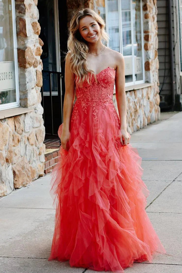 Kaycee | A-Line Coral Tulle Strapless Layered Prom Dress with Applique ...
