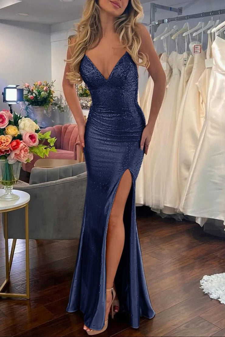 Jean | Sexy Mermaid V Neck Satin Slit Prom Dress with Hot Stone – KissProm