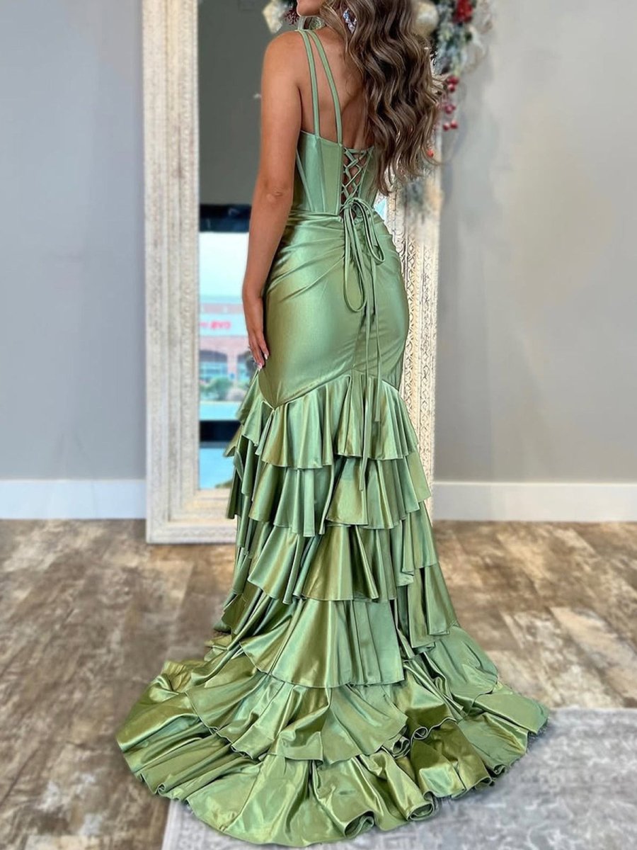 Mermaid Sage V Neck Satin Long Prom Dress With Ruffle Skirt