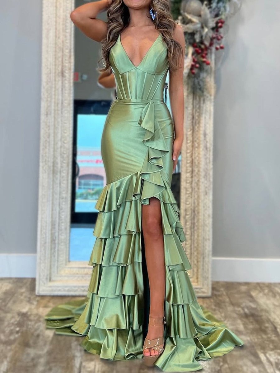 Mermaid Sage V Neck Satin Long Prom Dress With Ruffle Skirt