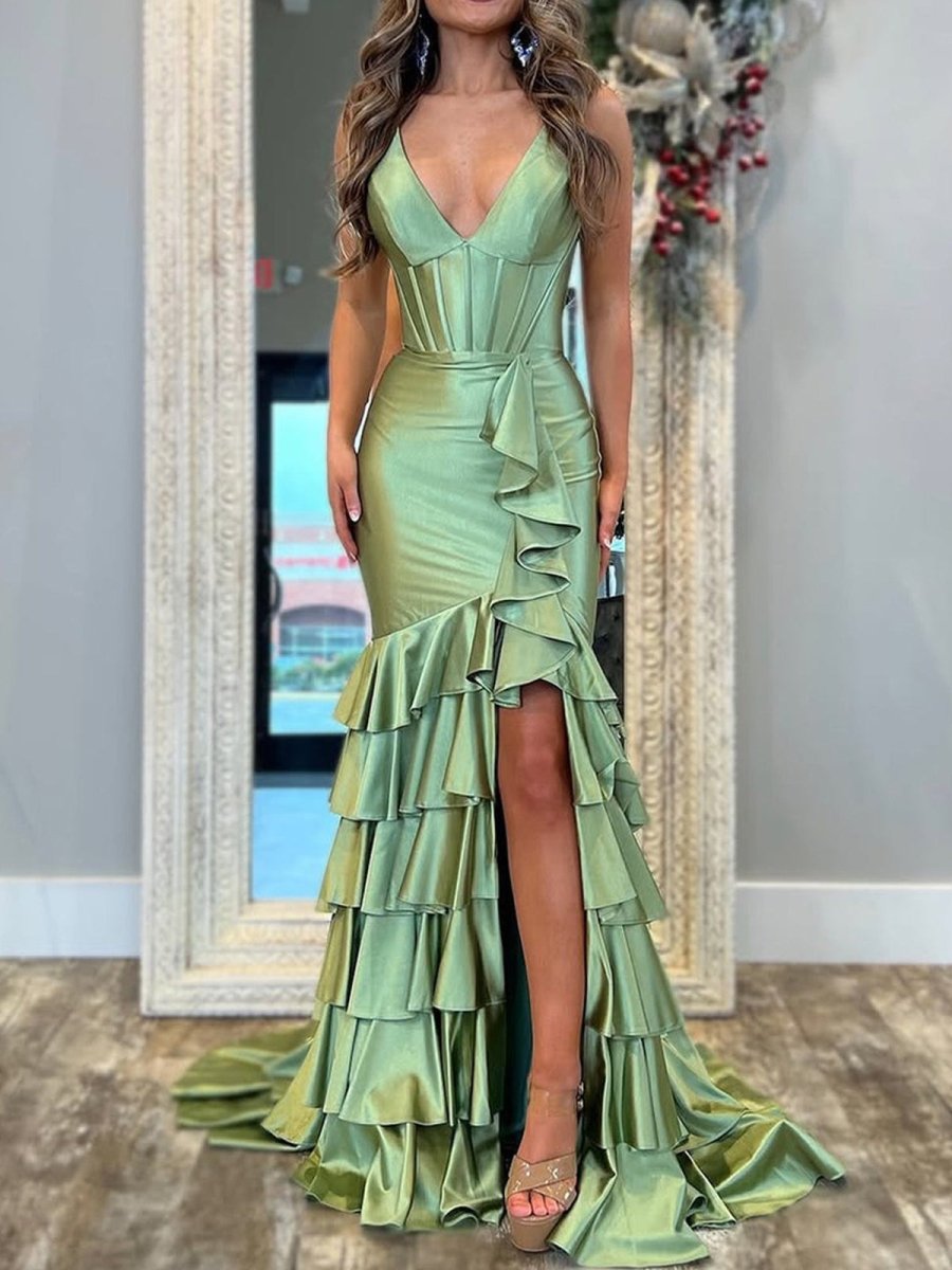 Kiran | Mermaid Sage V Neck Satin Long Prom Dress With Ruffle Skirt ...