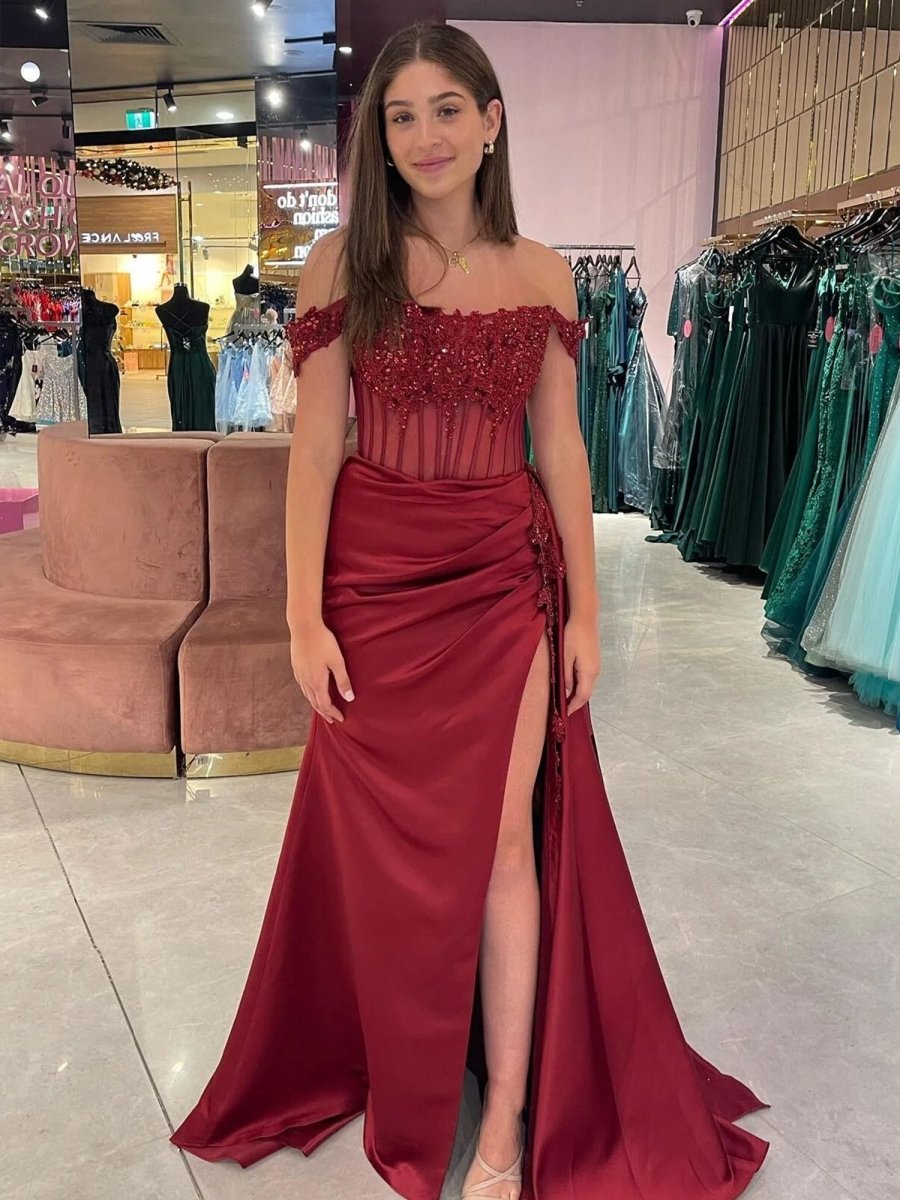 Korla | Off the Shoulder Satin Beaded Prom Dress With Appliques – KissProm