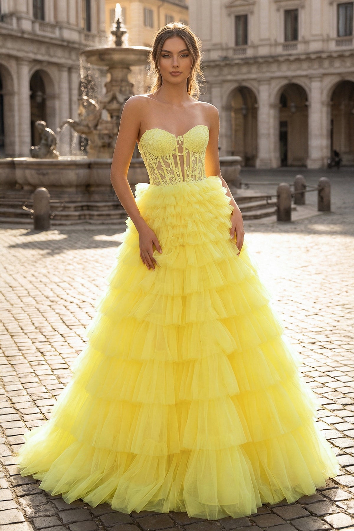 Yellow Sweetheart A Line Tiered Tulle Long Prom Dress