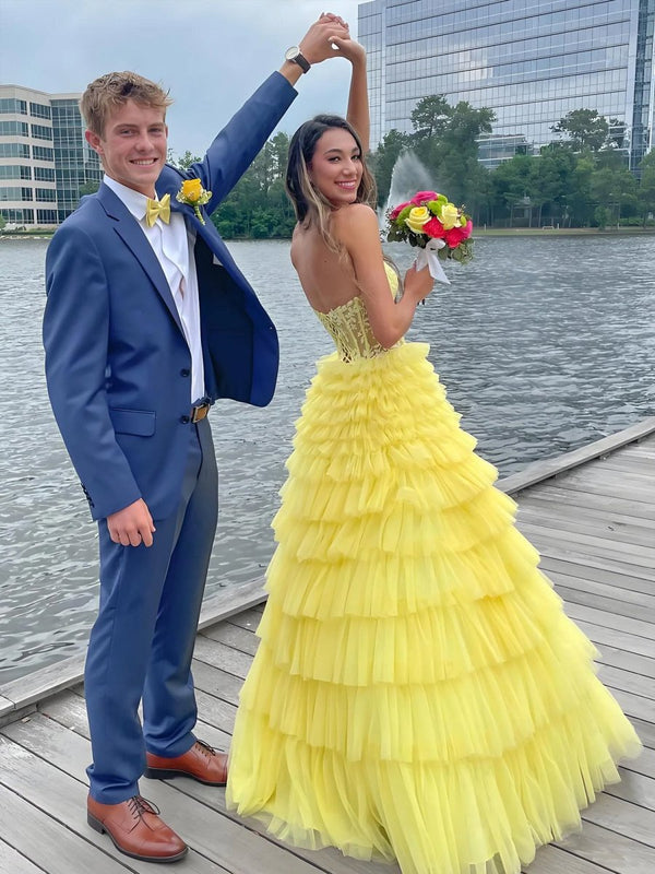 Yellow Sweetheart A Line Tiered Tulle Long Prom Dress