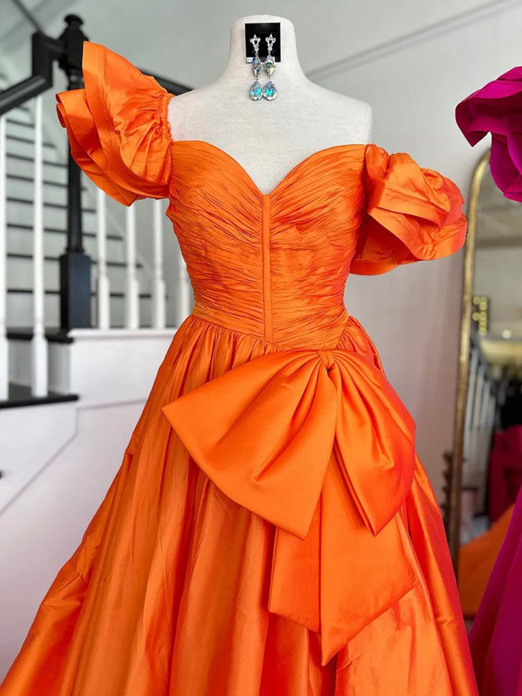 Orange Sweetheart Pleated A-Line Prom Dress With Bow