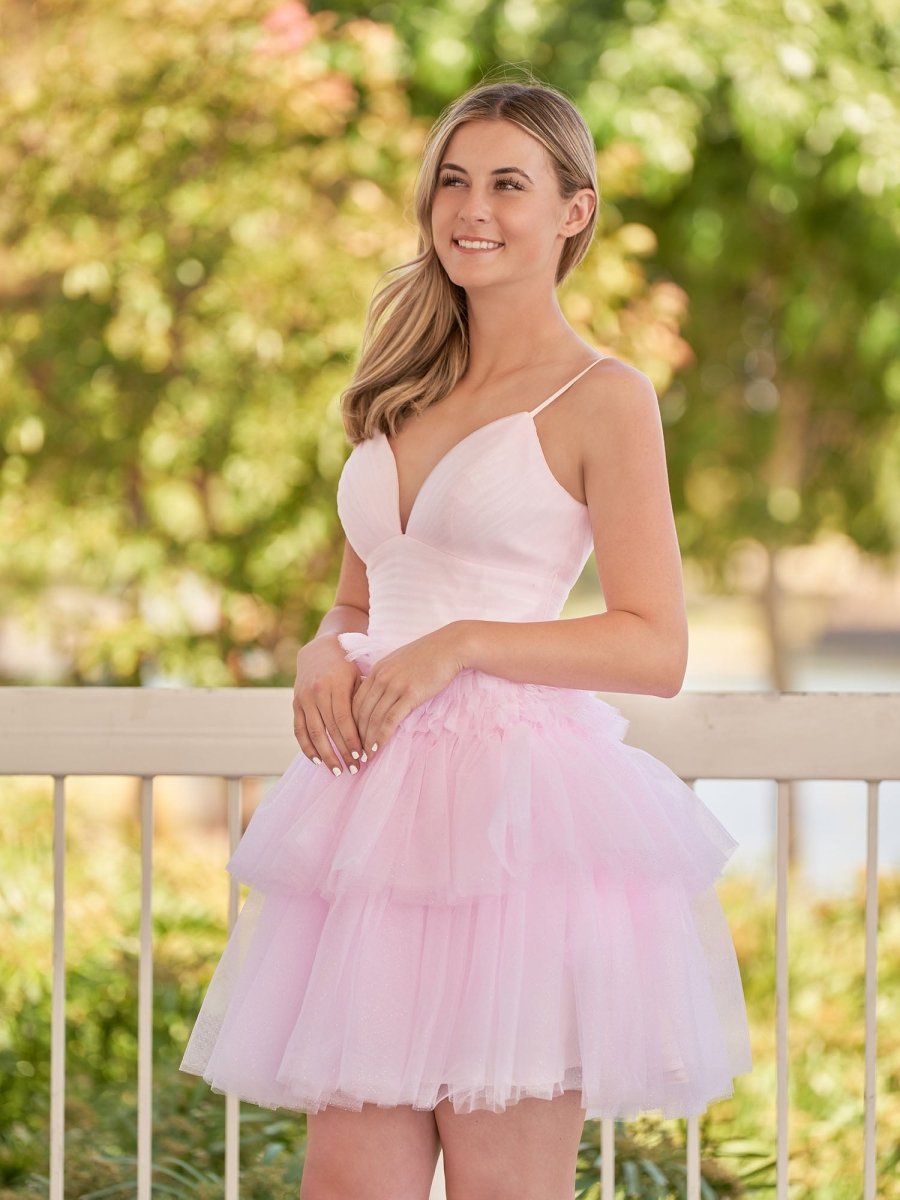 Layla A-Line Deep V Neck Tiered Short Homecoming Dress | KissProm