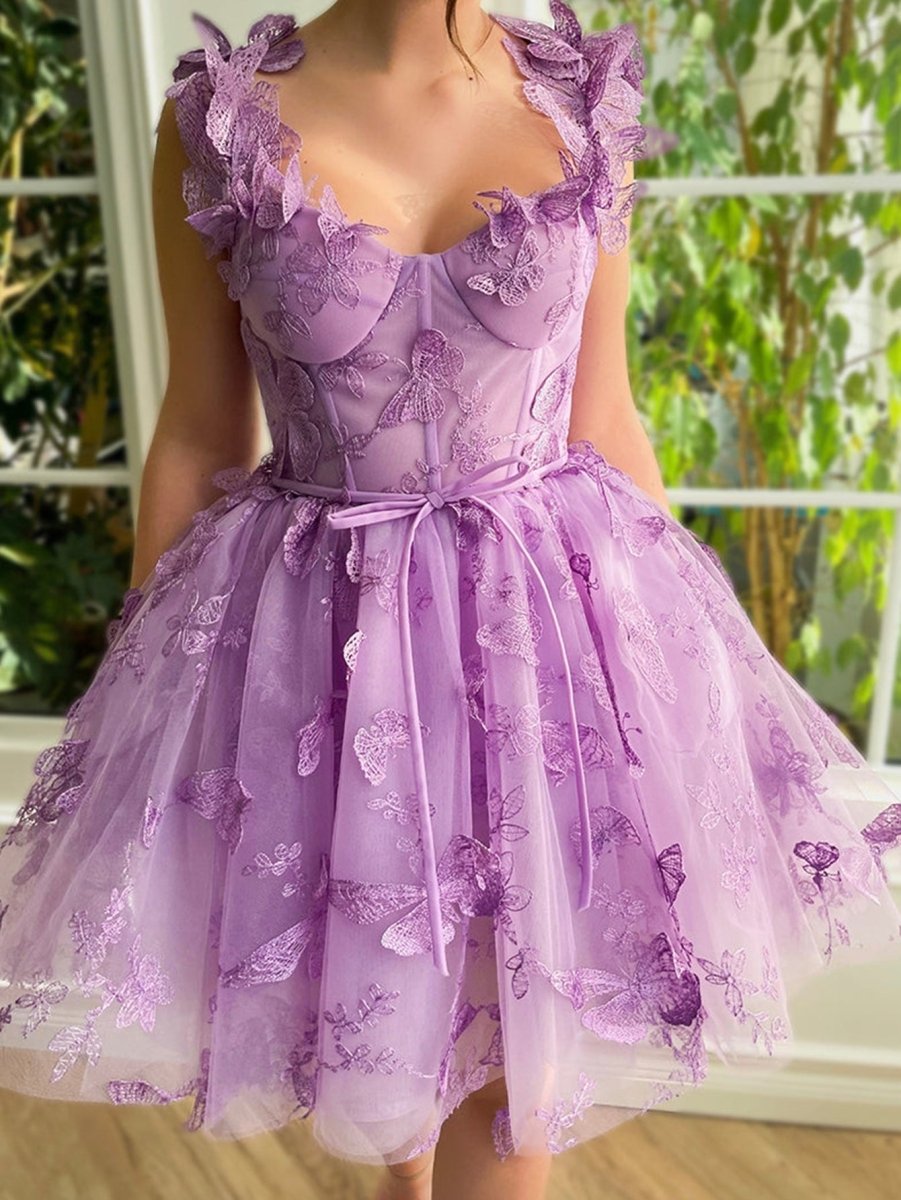 Natalie |Aline Lilac Corset Short Tulle Prom Dress with 3D Butterflies