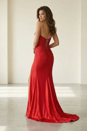 Red Strapless Mermaid Satin Beaded Long Formal Prom Dresses With Slit
