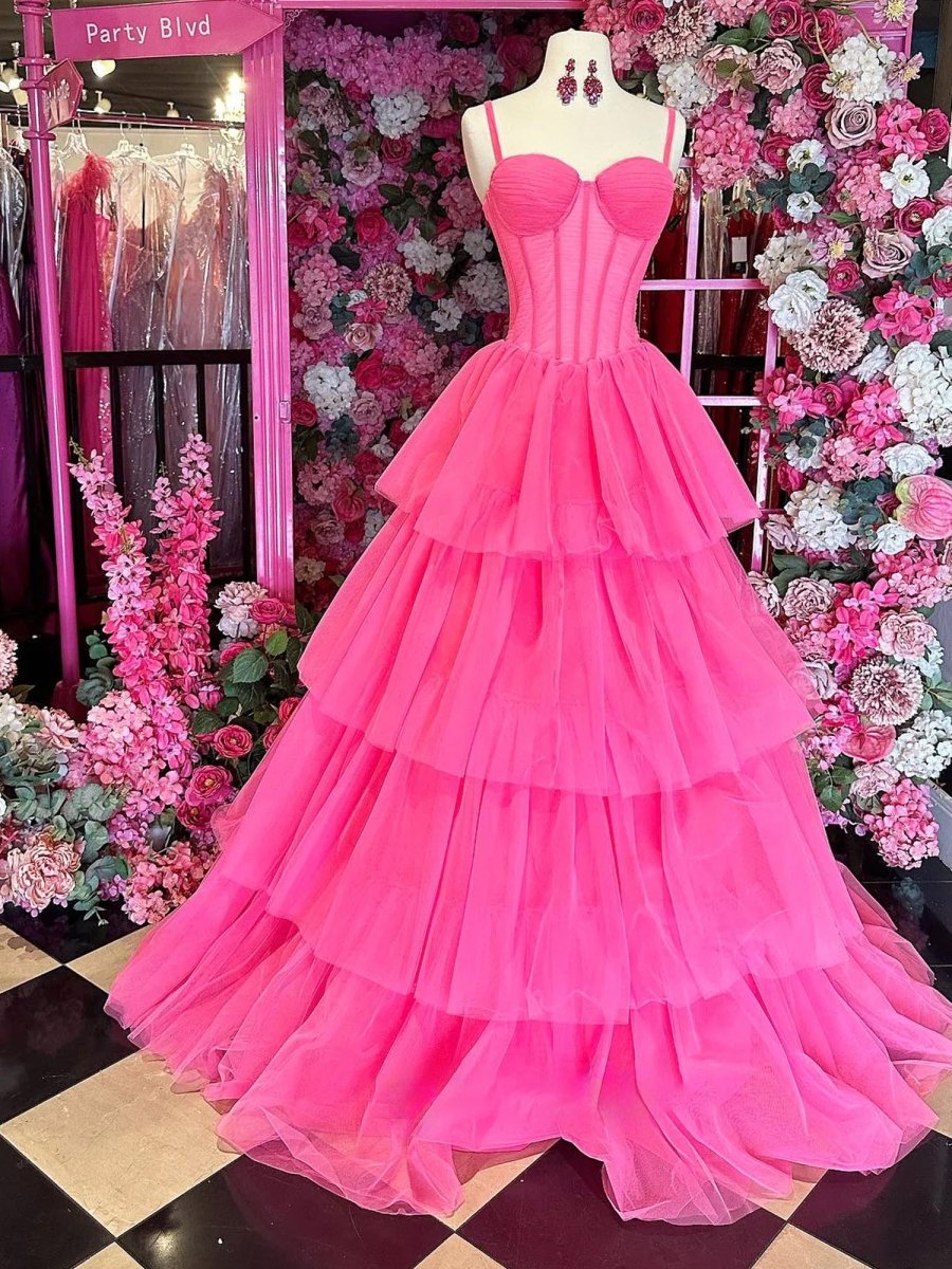 Lula | Hot Pink Ball Gown Tiered Tulle Long Prom Dress – KissProm