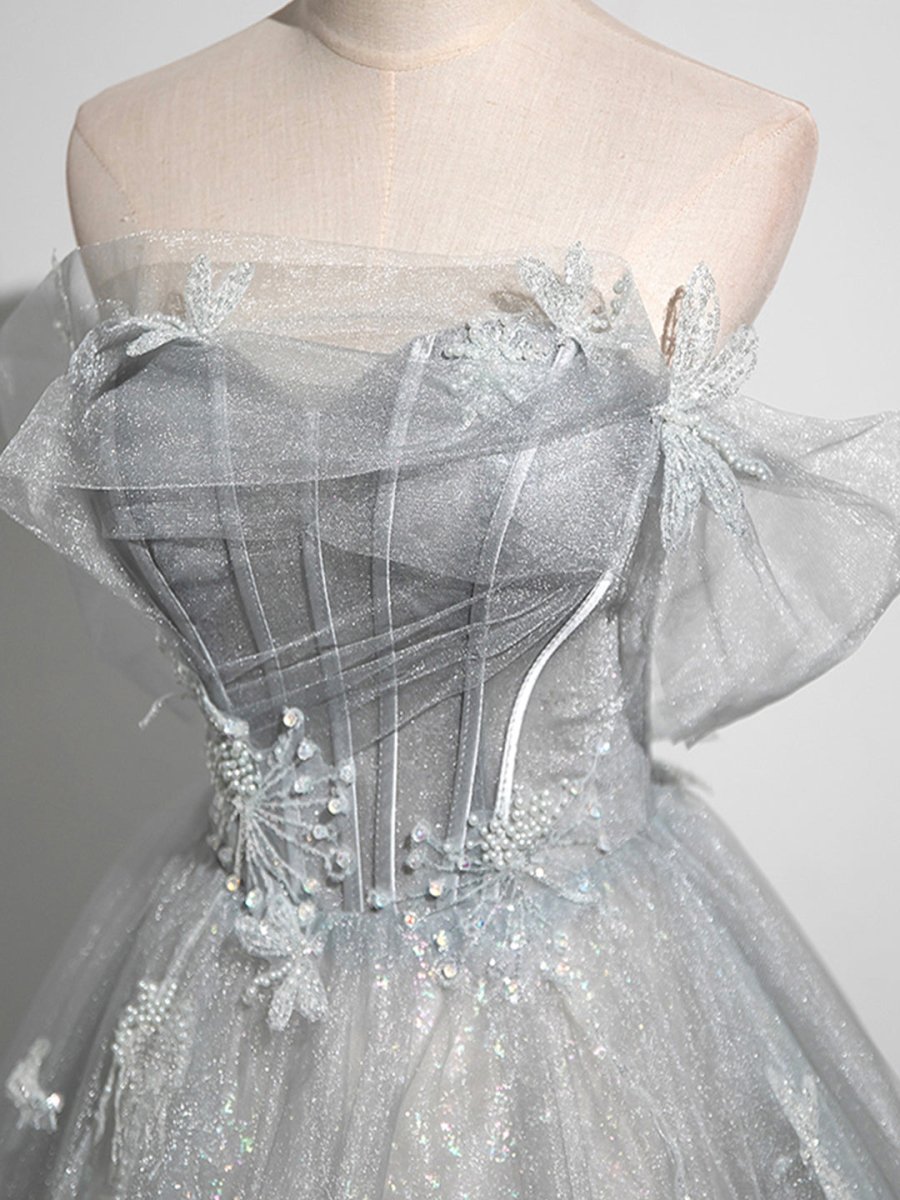 Tiana | Gray A-Line Off the Shoulder Tulle Prom Dress, Lovely Corset F ...