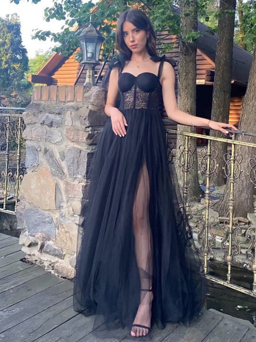 Maebi | A-line Black Lace Corset Tulle Long Prom Dress – KissProm