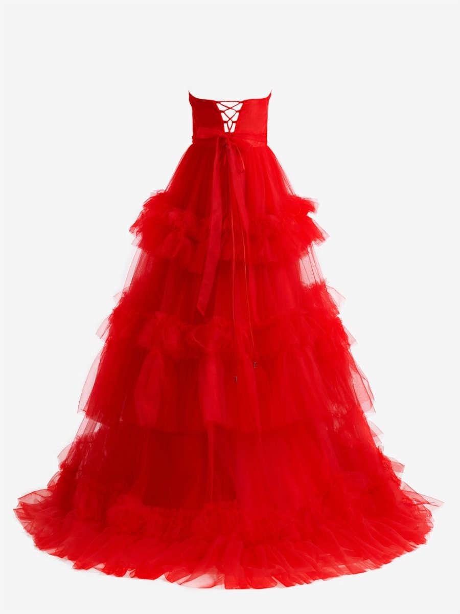Matilda Red A-Line Strapless Ruffled Tulle Prom Dress | KissProm