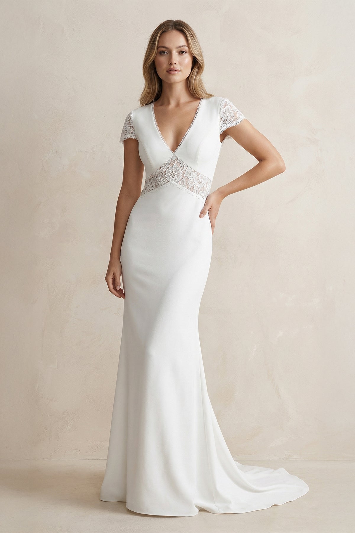 Modest Simple Mermaid Short Sleeve Empire Floor-Length Sweep Train Chi