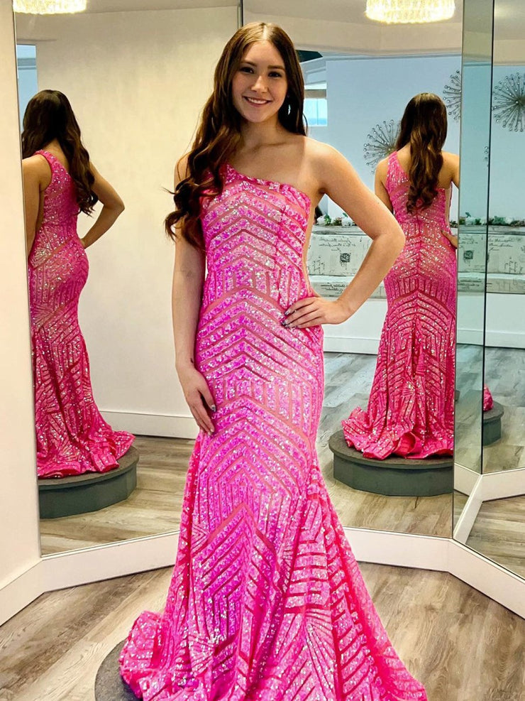 Yaretzi Hot Pink Mermaid Unique One Shoulder Sequins Prom Dress – KissProm