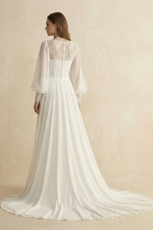 Modest Long Sleeve Casual Rustic A-Line Bateau Neck Wedding Dress Gown